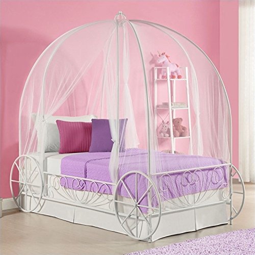 DHP Metal Carriage Bed Frame for Kids, Fairy Tale Design with Headboard and Canopy, Underbed Storage Space for Toys, Twin, White