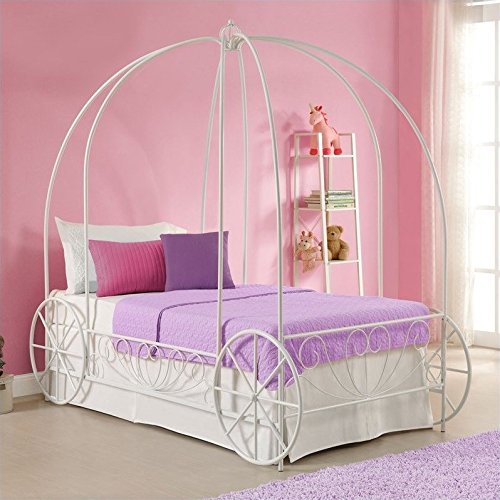 DHP Metal Carriage Bed Frame for Kids, Fairy Tale Design with Headboard and Canopy, Underbed Storage Space for Toys, Twin, White