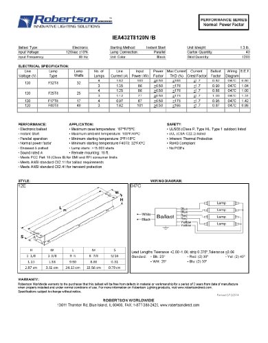 Robertson 3P20135, IEA432T8120N /B Fluorescent eBallast for 4 F32T8 Linear Lamps, Instant Start, 120Vac, 60Hz, Normal Ballast Factor, NPF (Replaces Robertson Model ISL432T8120 /B)