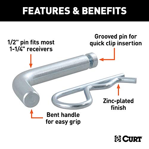 CURT 21403 Trailer Hitch Pin & Clip with Grooved Head, 1/2-Inch Diameter, Fits 1-1/4-Inch Receiver, Clear ZINC