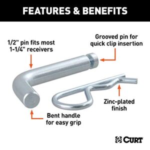 CURT 21404 Trailer Hitch Pin & Clip with Grooved Head, 1/2-Inch Diameter, Fits 1-1/4-Inch Receiver, Clear ZINC