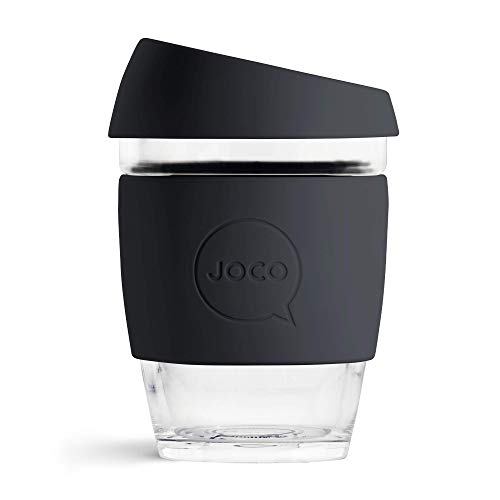 JOCO Cup 12oz - Eco-innovative Borosilicate Glass Reusable Classic Cup - Travel Mug with Silicone Lid Compatible Roll Straw (Black)