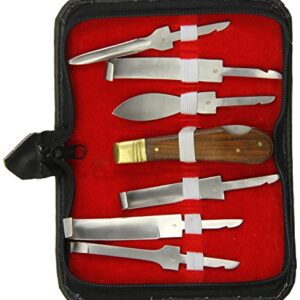 Tamsco Stainless Steel Hoof Knife Set of Seven (7), with Six (6) Blades, All Wooden Handles, in Compact Set Zipper Case