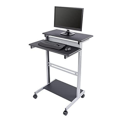 S STAND UP DESK STORE Rolling Adjustable Height Two Tier Standing Desk Computer Workstation (Silver Frame/Black Top, 32 Wide)