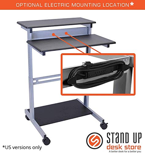 S STAND UP DESK STORE Rolling Adjustable Height Two Tier Standing Desk Computer Workstation (Silver Frame/Black Top, 32 Wide)