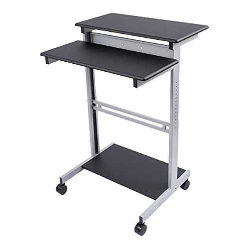 S STAND UP DESK STORE Rolling Adjustable Height Two Tier Standing Desk Computer Workstation (Silver Frame/Black Top, 32 Wide)