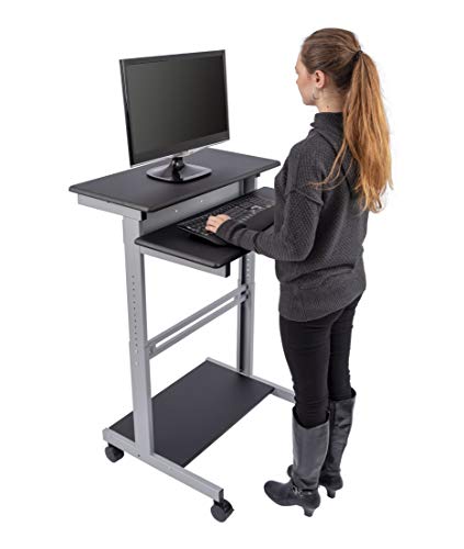 S STAND UP DESK STORE Rolling Adjustable Height Two Tier Standing Desk Computer Workstation (Silver Frame/Black Top, 32 Wide)