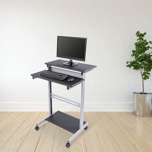 S STAND UP DESK STORE Rolling Adjustable Height Two Tier Standing Desk Computer Workstation (Silver Frame/Black Top, 32 Wide)