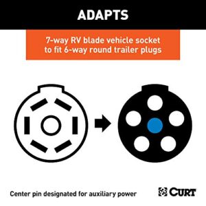 CURT 57255 7-Way RV Blade Vehicle-Side to 6-Way Round Trailer Wiring Adapter with Tester, Center Pin Auxiliary Power