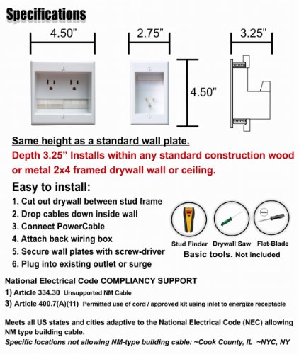 PowerBridge TWO-PRO-6 Dual Power Outlet Professional Grade Recessed In-Wall Cable Management System for Wall-Mounted Flat Screen LED, LCD, and Plasma TV’s