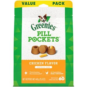 greenies pill pockets capsule size natural dog treats chicken flavor, 15.8 oz. value pack (60 treats)