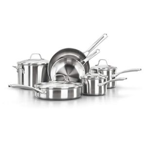 calphalon 10-piece pots and pans set, stainless steel kitchen cookware with stay-cool handles and pour spouts, dishwasher safe, silver