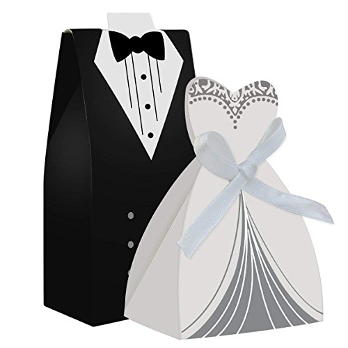 cnomg 100pcs Party Wedding Favor Dress & Tuxedo Bride and Wholesale Candy Favor Box, Creative Dress Gift Box Bow-knot Bonbonniere for Christmas Wedding Party Birthday Bridal Shower Decoration