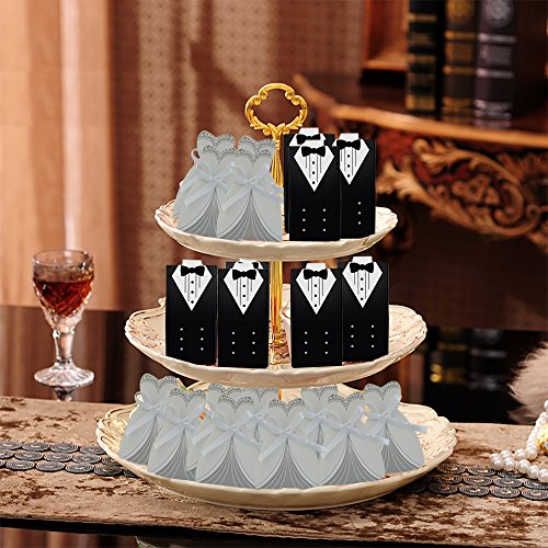 cnomg 100pcs Party Wedding Favor Dress & Tuxedo Bride and Wholesale Candy Favor Box, Creative Dress Gift Box Bow-knot Bonbonniere for Christmas Wedding Party Birthday Bridal Shower Decoration