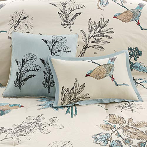 Madison Park Quincy Cozy Comforter Nature Scenery Design - All Season Bedding, Matching Bed Skirt, Decorative Pillows, Quincy, Leaf & Bird Khaki Queen(90"x90") 7 Piece