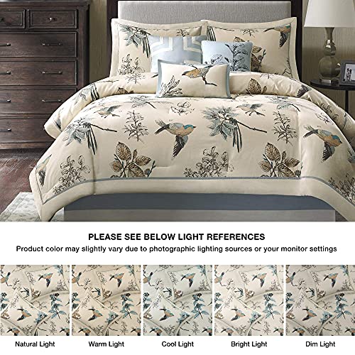 Madison Park Quincy Cozy Comforter Nature Scenery Design - All Season Bedding, Matching Bed Skirt, Decorative Pillows, Quincy, Leaf & Bird Khaki Queen(90"x90") 7 Piece