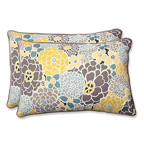 Pillow Perfect Bright Floral Outdoor Throw Accent Pillow, Plush Fill, Weather, and Fade Resistant, Large Lumbar - 16.5" x 24.5", Blue/Tan Lois, 2 Count