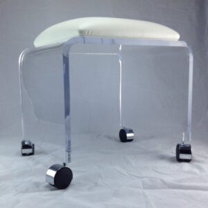 One Stop Plastic Shop Clear Acrylic Vanity Bench with White Vinyl Cushion and Chrome Casters