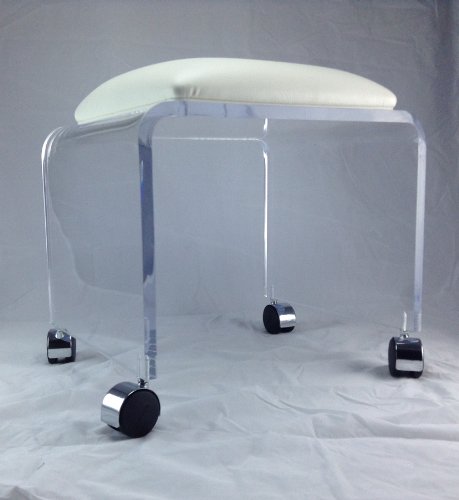 One Stop Plastic Shop Clear Acrylic Vanity Bench with White Vinyl Cushion and Chrome Casters