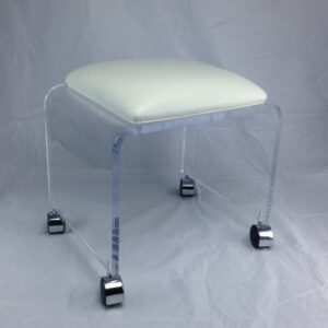 One Stop Plastic Shop Clear Acrylic Vanity Bench with White Vinyl Cushion and Chrome Casters