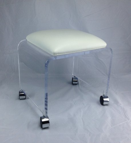 One Stop Plastic Shop Clear Acrylic Vanity Bench with White Vinyl Cushion and Chrome Casters