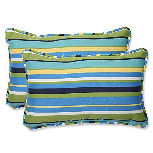 Pillow Perfect Stripe Outdoor Throw Accent Pillow, Plush Fill, Weather, and Fade Resistant, Small Lumbar - 11.5" x 18.5", Blue/Green Topanga, 2 Count