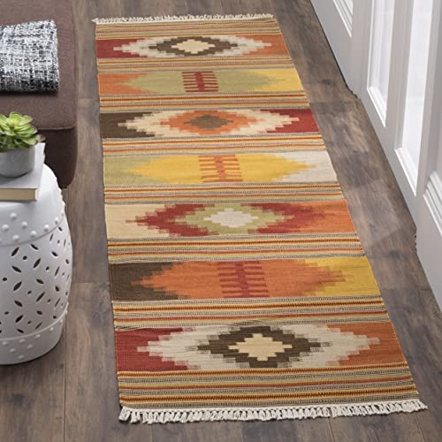 SAFAVIEH Kilim Collection Runner Rug - 2'3" x 6', Red & Multi, Handmade Southwestern Tribal Wool, Ideal for High Traffic Areas in Living Room, Bedroom (NVK177A)