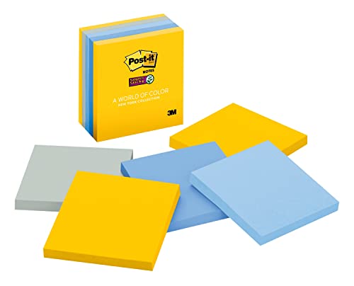 Post-it Super Sticky Notes, 3x3 in, 5 Pads, 2x the Sticking Power, New York Collection (Blue, Gray, Yellow) Recyclable (654-5SSNY)