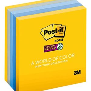 Post-it Super Sticky Notes, 3x3 in, 5 Pads, 2x the Sticking Power, New York Collection (Blue, Gray, Yellow) Recyclable (654-5SSNY)