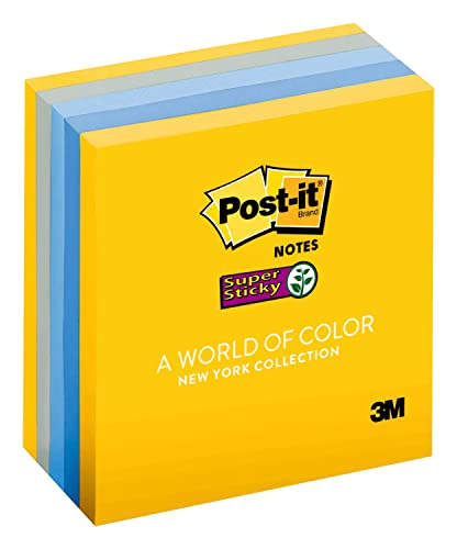 Post-it Super Sticky Notes, 3x3 in, 5 Pads, 2x the Sticking Power, New York Collection (Blue, Gray, Yellow) Recyclable (654-5SSNY)