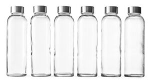 epica 18 oz clear glass bottles with lids | natural bpa free eco friendly , reusable refillable water bottles for juicing | wide mouth liquid storage containers for refrigerator | water bottle set of 6