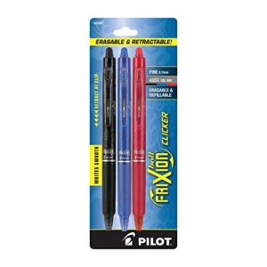 pilot® frixion clicker erasable gel pens, fine point, 0.7 mm, assorted barrels, assorted ink colors, pack of 3