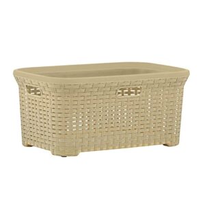 designed laundry basket plastic storage hamper basket, beige cloths basket organizer with cut-out handles. space saving for laundry room bedroom bathroom, wicker design 50 liter