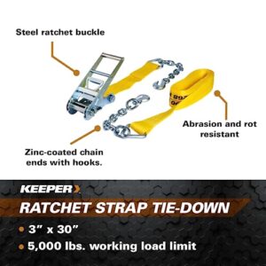 KEEPER - 3" x 30' Heavy Duty Ratchet Tie-Down with Chain End and Grab Hook - 5,000 lbs. Working Load Limit and 15,000 lbs. Break Strength