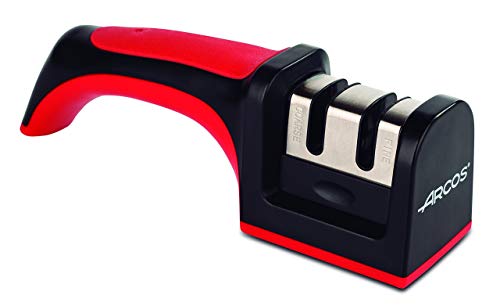 Arcos Sharpeners Manual Knife Sharpener tool. Made of ABS + TPE. Carbide and Ceramic Rollers. Keep Your Knives Razor Sharp. Black and Red Color