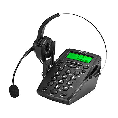 AGPtek® Handsfree Call Center Dialpad Corded Telephone #HA0021 with Monaural Headset Headphones Tone Dial Key Pad & REDIAL- 1 Year Warranty