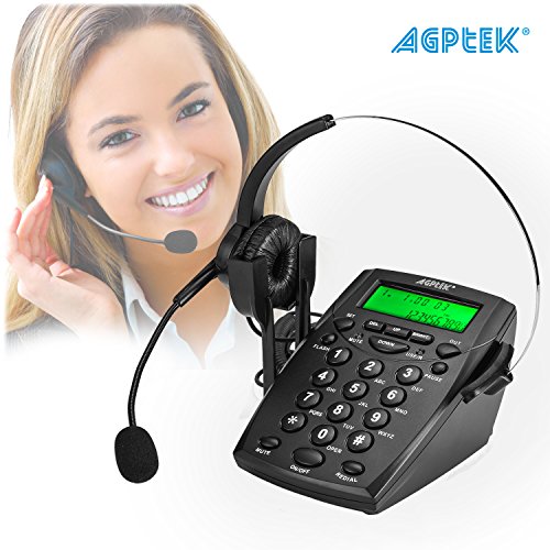 AGPtek® Handsfree Call Center Dialpad Corded Telephone #HA0021 with Monaural Headset Headphones Tone Dial Key Pad & REDIAL- 1 Year Warranty