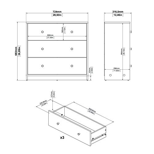 Tvilum, Bedroom Furniture, Silver Handles, Modern and Elegant Design 3 Drawer Chest, Brown