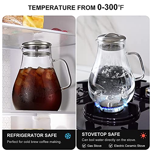 Hiware 64 Ounces Glass Pitcher with Lid/Water Pitcher with Handle - Good Beverage Carafe Pitcher for Juice, Milk, Beverage, Hot/Cold Water & Iced Tea, Cleaning Brush Included