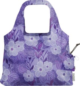 chicobag vita purple blooms designer compact reusable shopping tote with attached pouch and carabiner clip - bliss