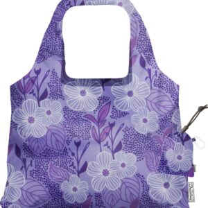 ChicoBag VITA Purple Blooms Designer Compact Reusable Shopping Tote with Attached Pouch and Carabiner Clip - Bliss