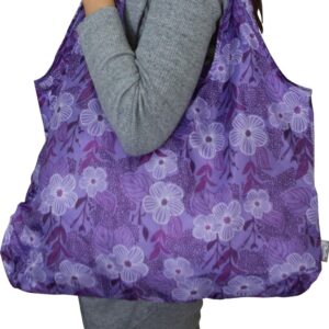 ChicoBag VITA Purple Blooms Designer Compact Reusable Shopping Tote with Attached Pouch and Carabiner Clip - Bliss