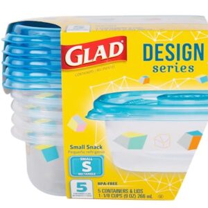 GladWare Design Series Food Storage Containers 9 Oz, 5 Ct | Small Snack Containers for Snacks & Small Meals, Food Storage from Glad | Glad Plastic Food Containers with Lids, Plastic Food Storage