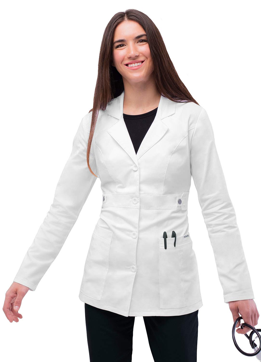 Adar Universal Stretch Lab Coat for Women - 28" Tab-Waist Lab Coat - 3300 - White - M