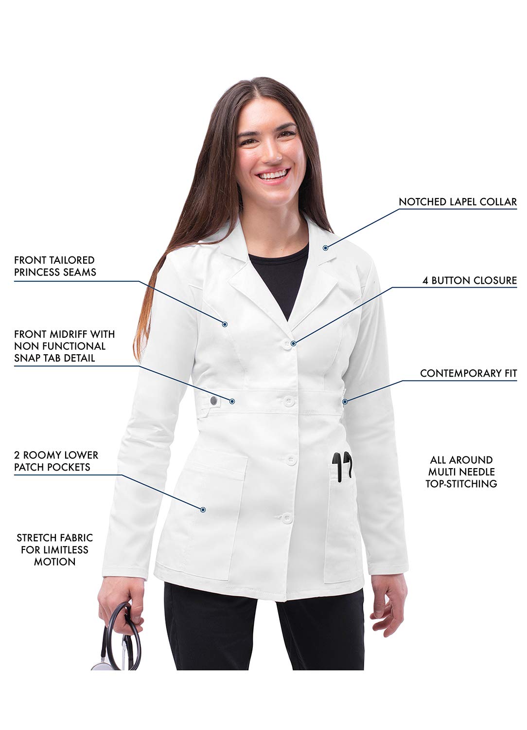 Adar Universal Stretch Lab Coat for Women - 28" Tab-Waist Lab Coat - 3300 - White - M