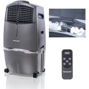 honeywell 525 cfm indoor portable evaporative air cooler, fan & humidifier with ice compartment & remote, gray