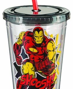 VANDOr LLC 26414 Marvel Iron Man 18 oz Acrylic Travel Cup with Lid and Straw, Red, Back, and Yellow -