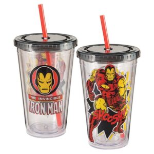 VANDOr LLC 26414 Marvel Iron Man 18 oz Acrylic Travel Cup with Lid and Straw, Red, Back, and Yellow -