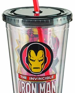 VANDOr LLC 26414 Marvel Iron Man 18 oz Acrylic Travel Cup with Lid and Straw, Red, Back, and Yellow -