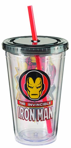 VANDOr LLC 26414 Marvel Iron Man 18 oz Acrylic Travel Cup with Lid and Straw, Red, Back, and Yellow -